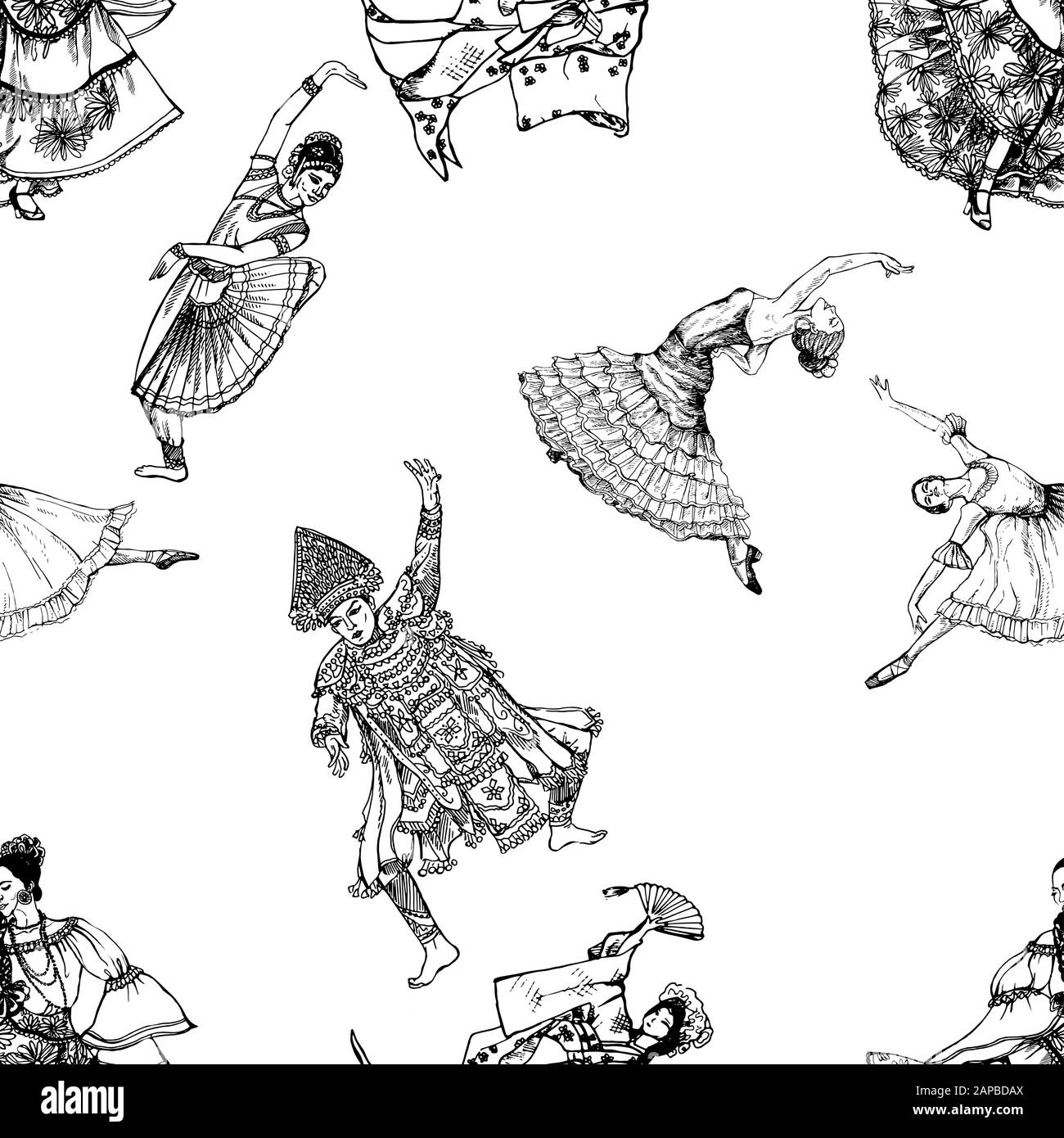Seamless pattern of hand drawn sketch style dancers isolated on white ...