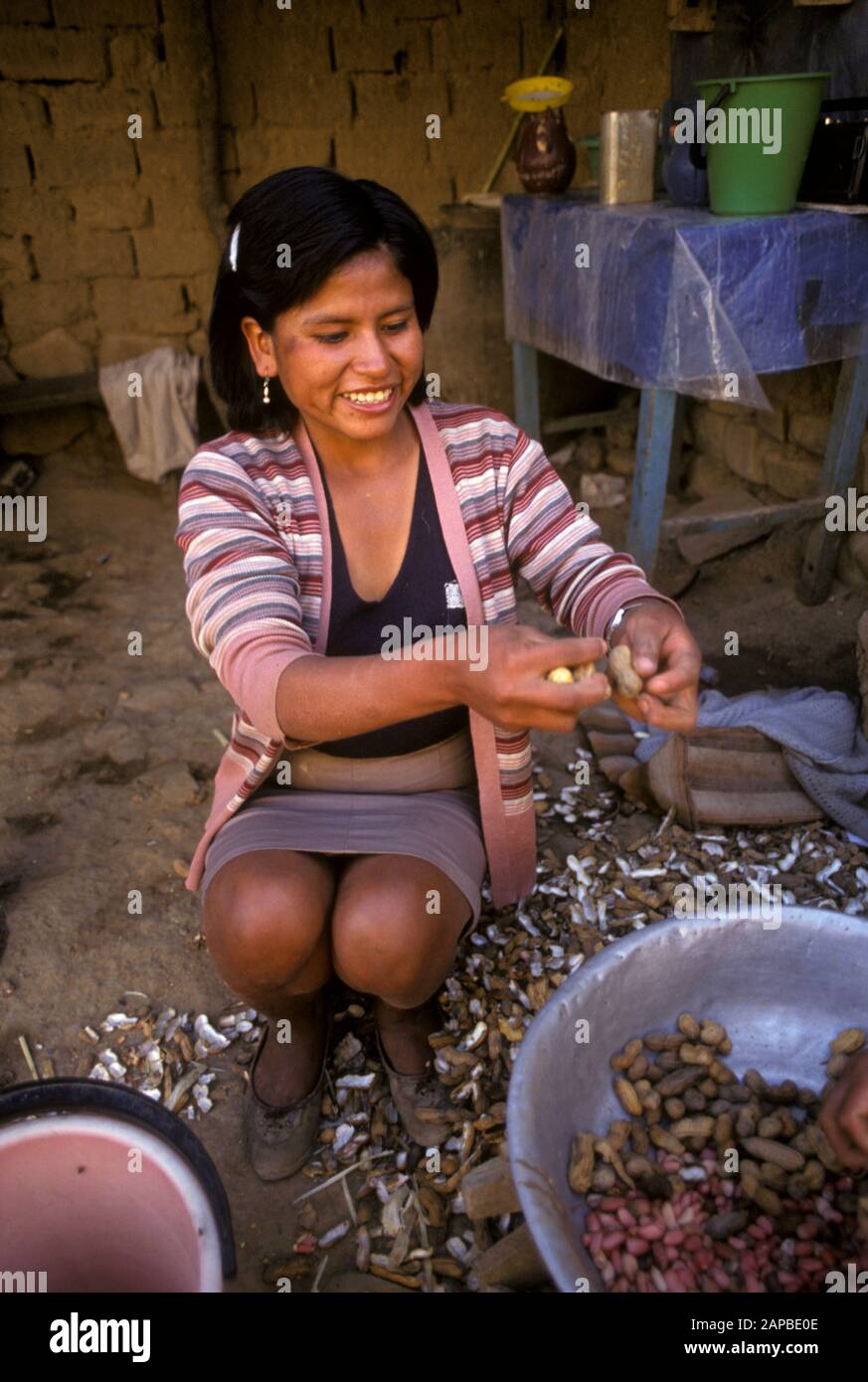 BOLIVIA Woman shelling peanuts photo by Sean Sprague Stock Photo - Alamy
