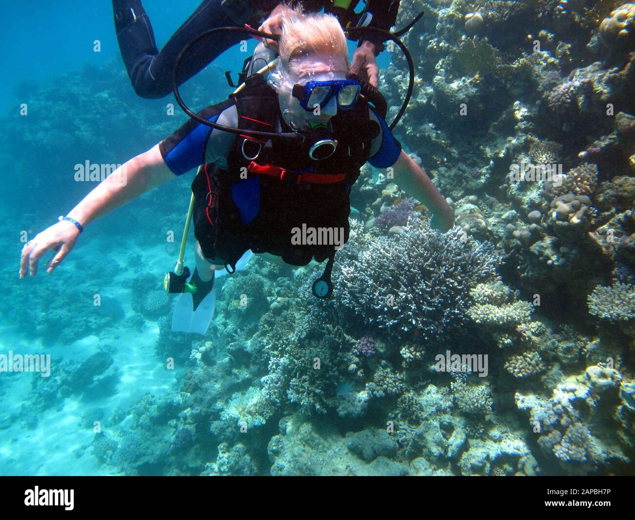 Woman scuba diver and beautiful colorful coral reef underwater Stock ...