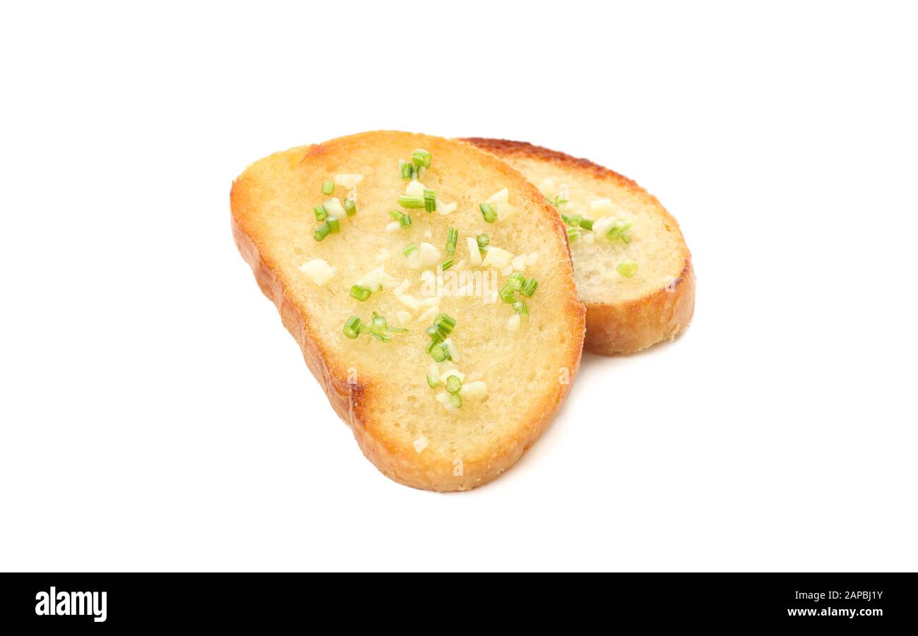 Toasted bread slices with garlic isolated on white background Stock ...