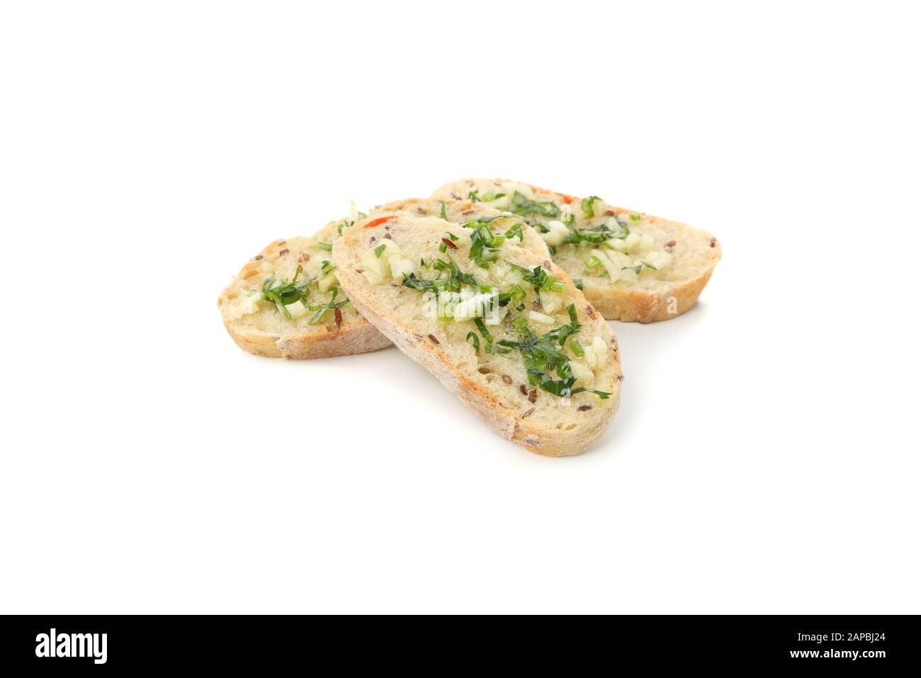 Toasted bread slices with garlic isolated on white background Stock ...