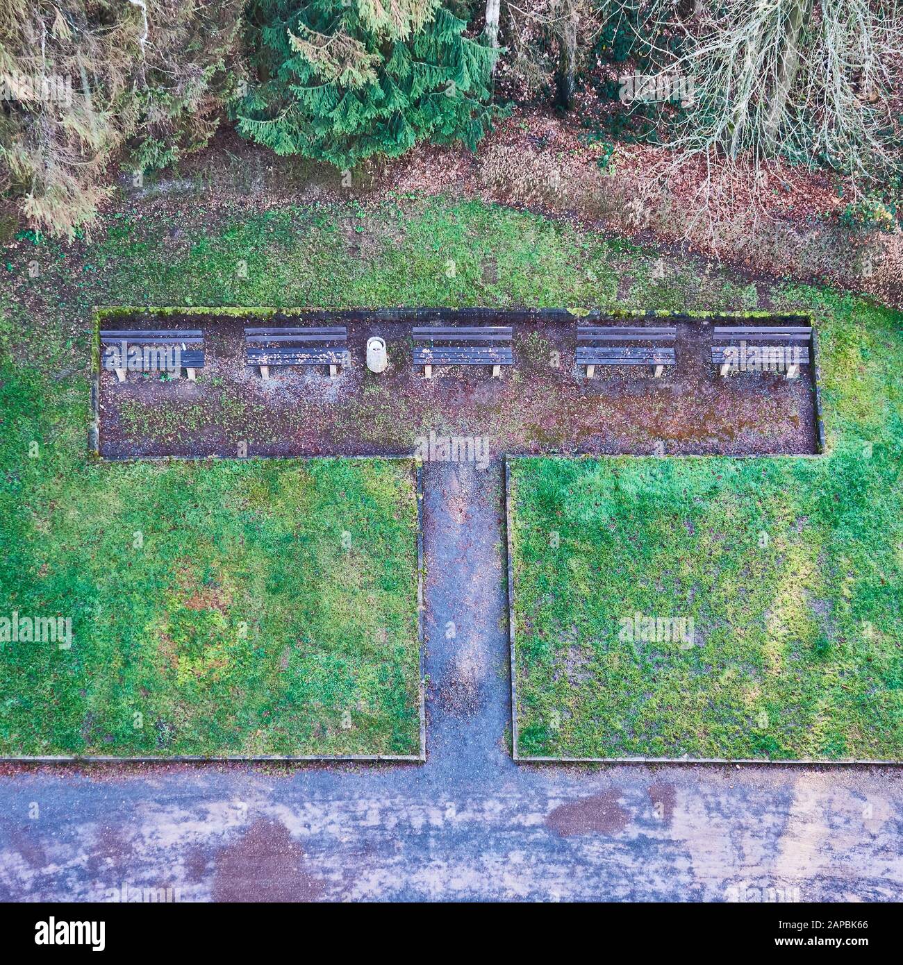 Abstract aerial view of a rest area with five benches on a geometric ...