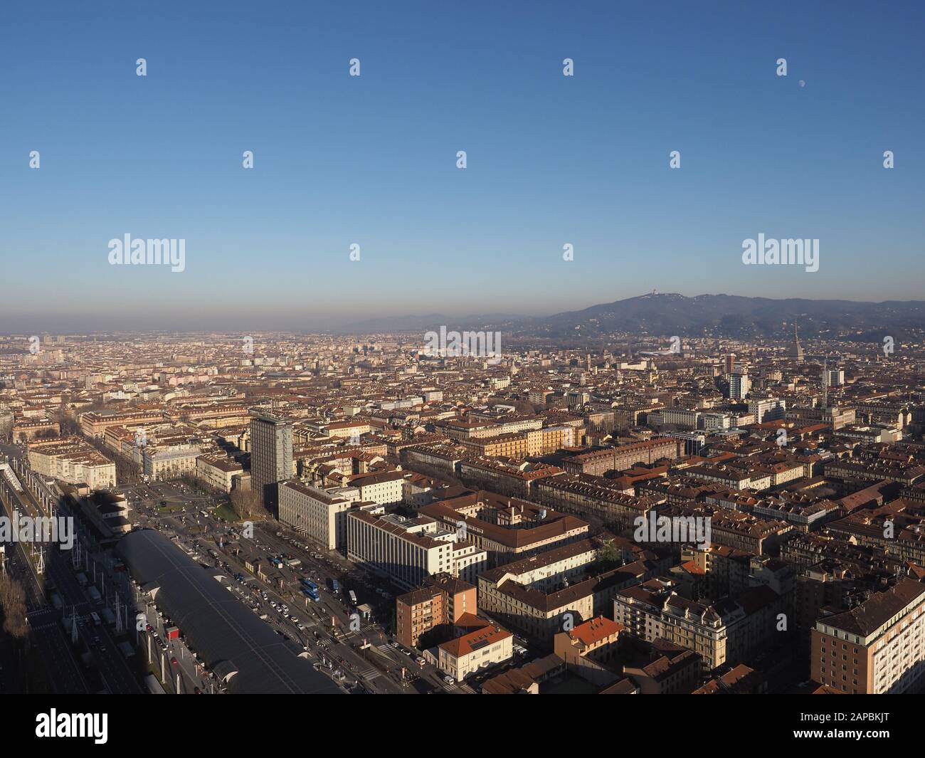Aerial view of the city of Turin, Italy with Piazza Castello square ...