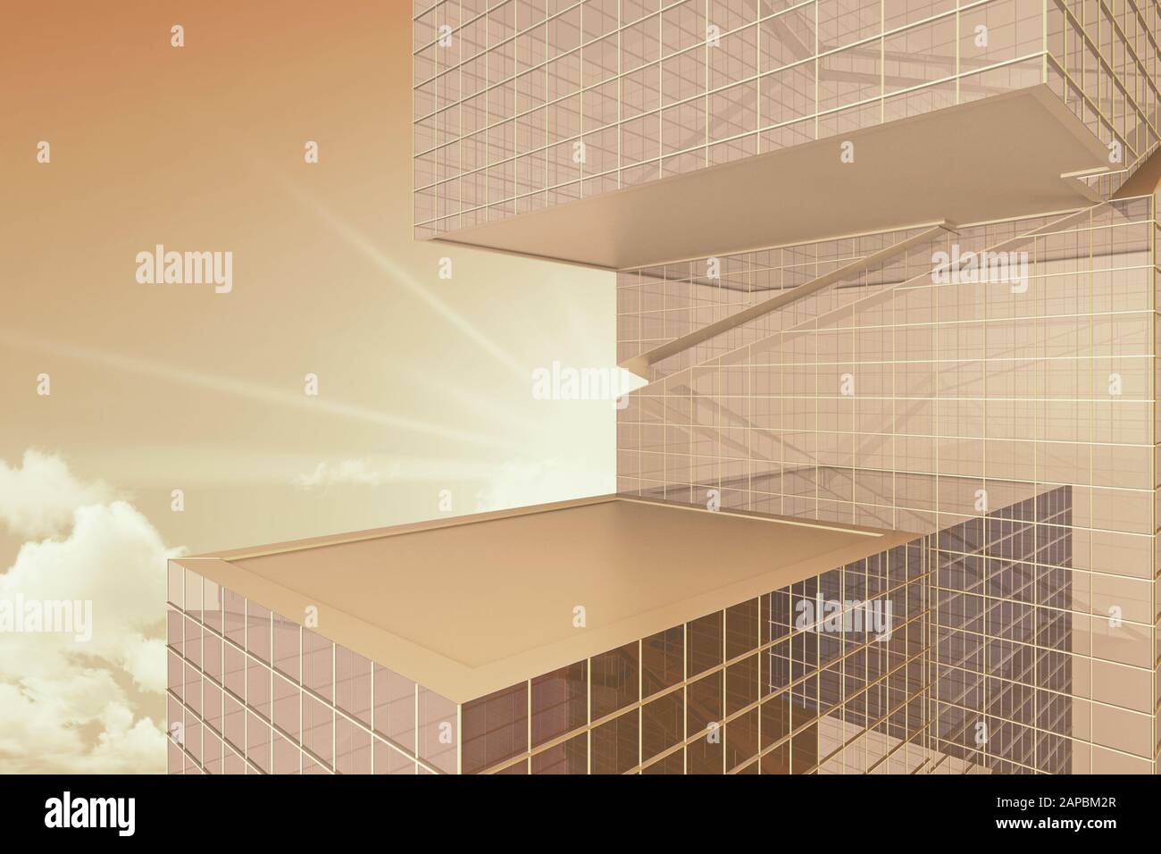 protruding part in glass skyscraper in brown tinted. 3d rendering Stock ...