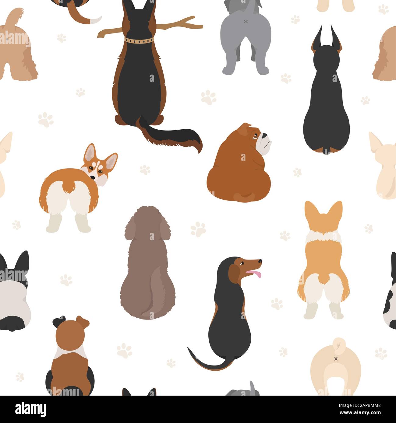 Dog poses behind. Dog`s butts. Flat design seamless pattern. Vector ...