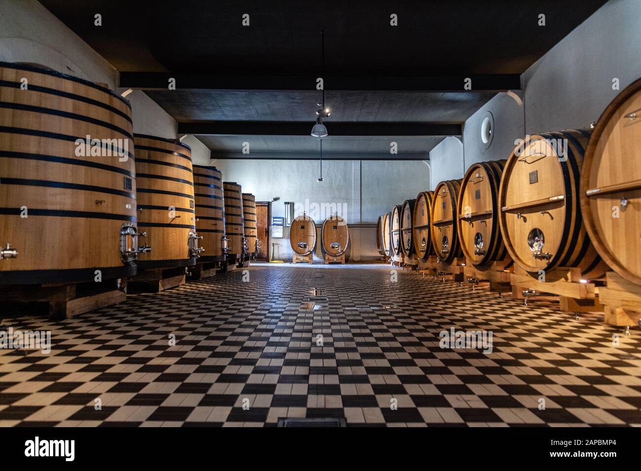 France Lyon 2019-06-21 stack of wooden barrels, aging, fermentation ...