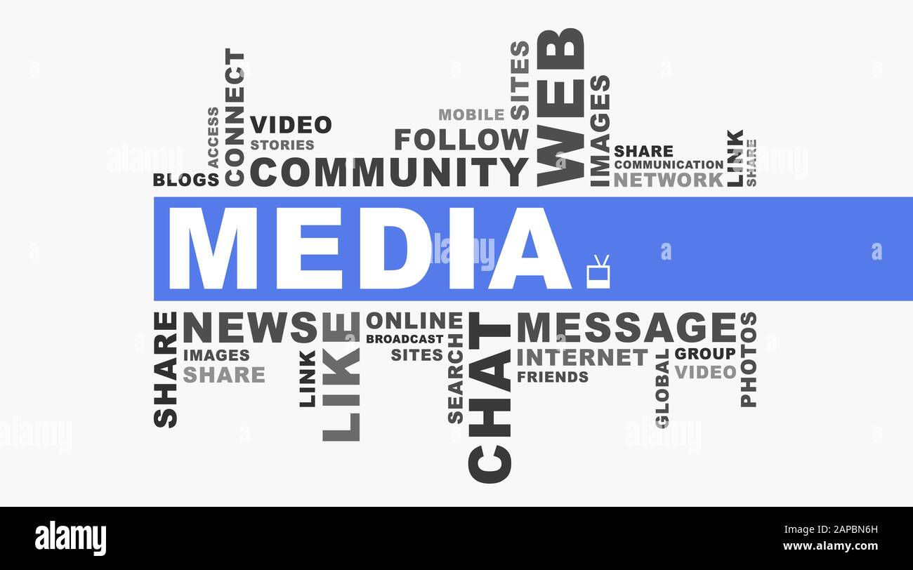 Word Media In Tagcloud Collage Over Gray Background, Panorama Stock ...