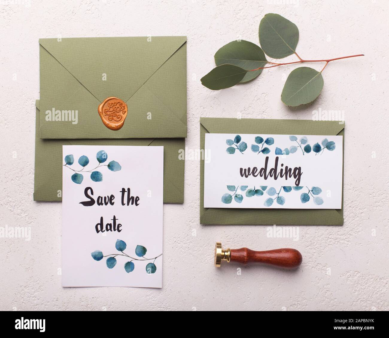 Cards Papers Lying on Table Decorate With Leaves Stock Photo - Alamy