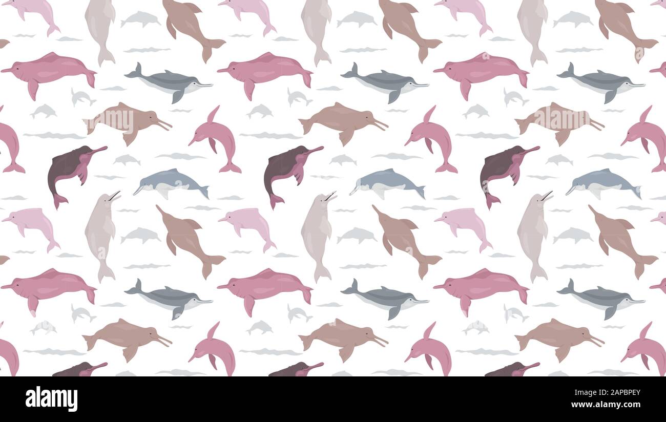 River dolphins seamless pattern. Marine mammals collection. Cartoon flat style design. Vector ...