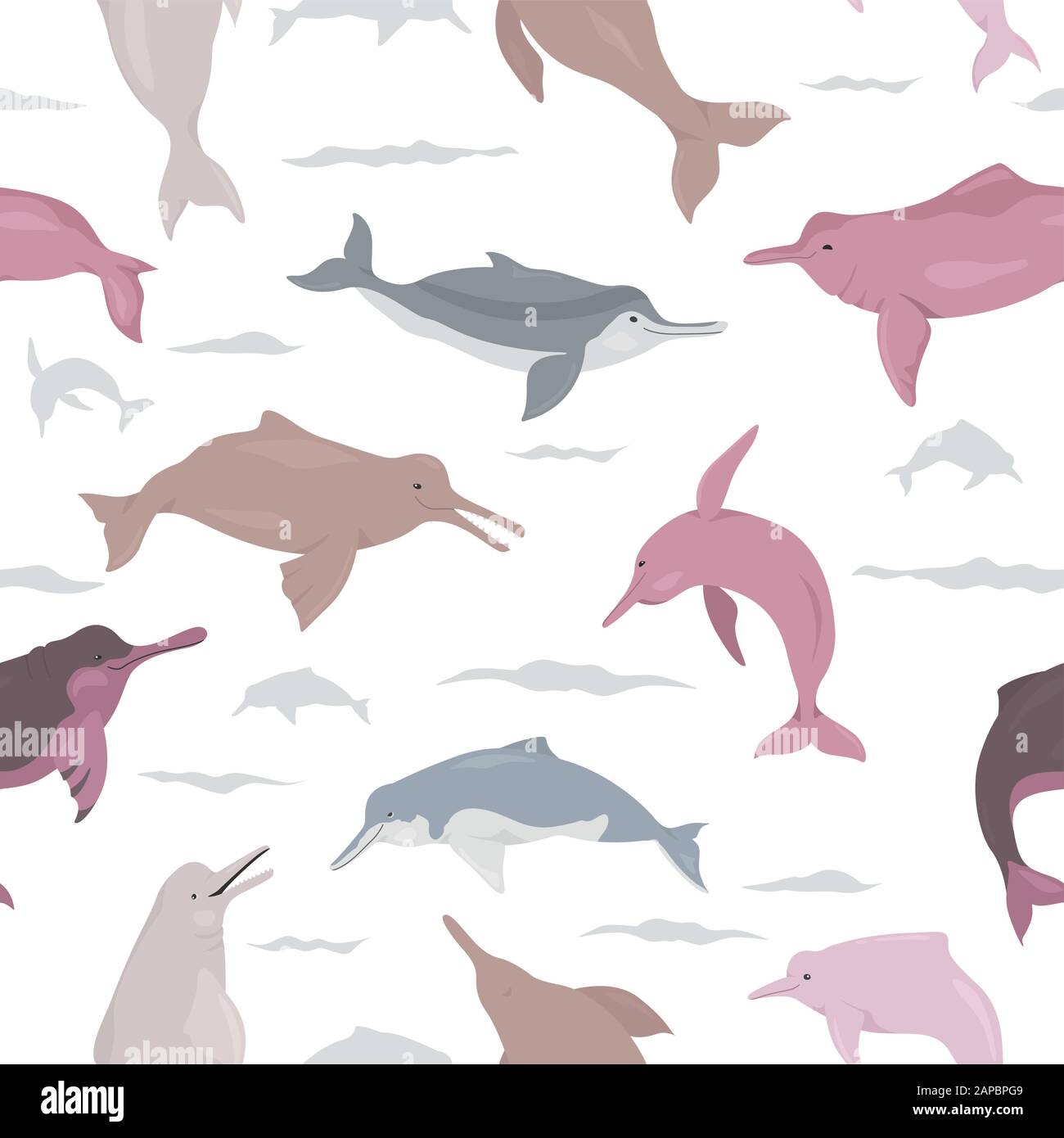 River dolphins seamless pattern. Marine mammals collection. Cartoon flat style design. Vector ...