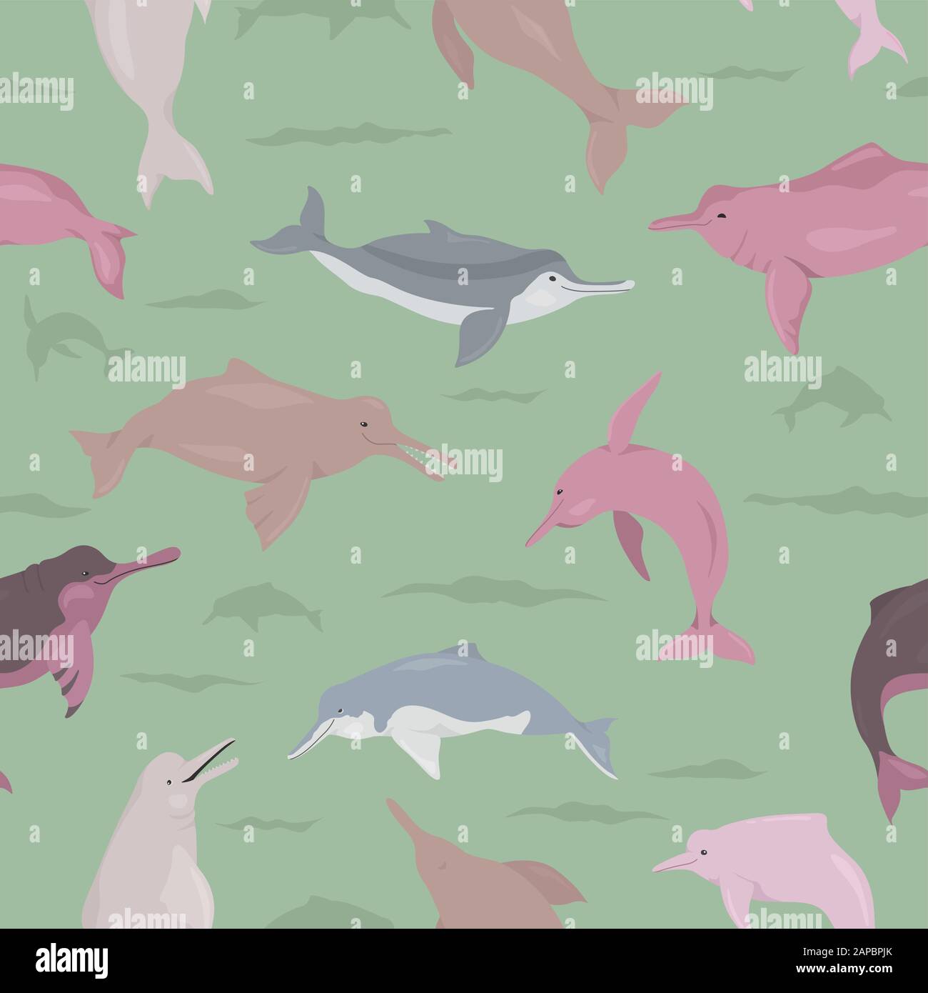 River dolphins seamless pattern. Marine mammals collection. Cartoon flat style design. Vector ...