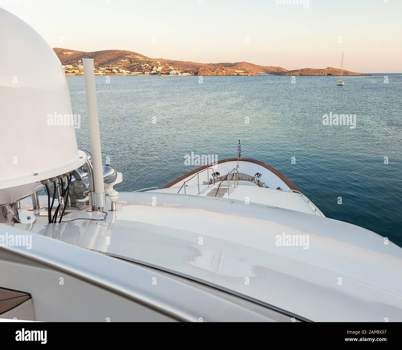 View from Flying bridge view down on bow of yacht. Island view with ...