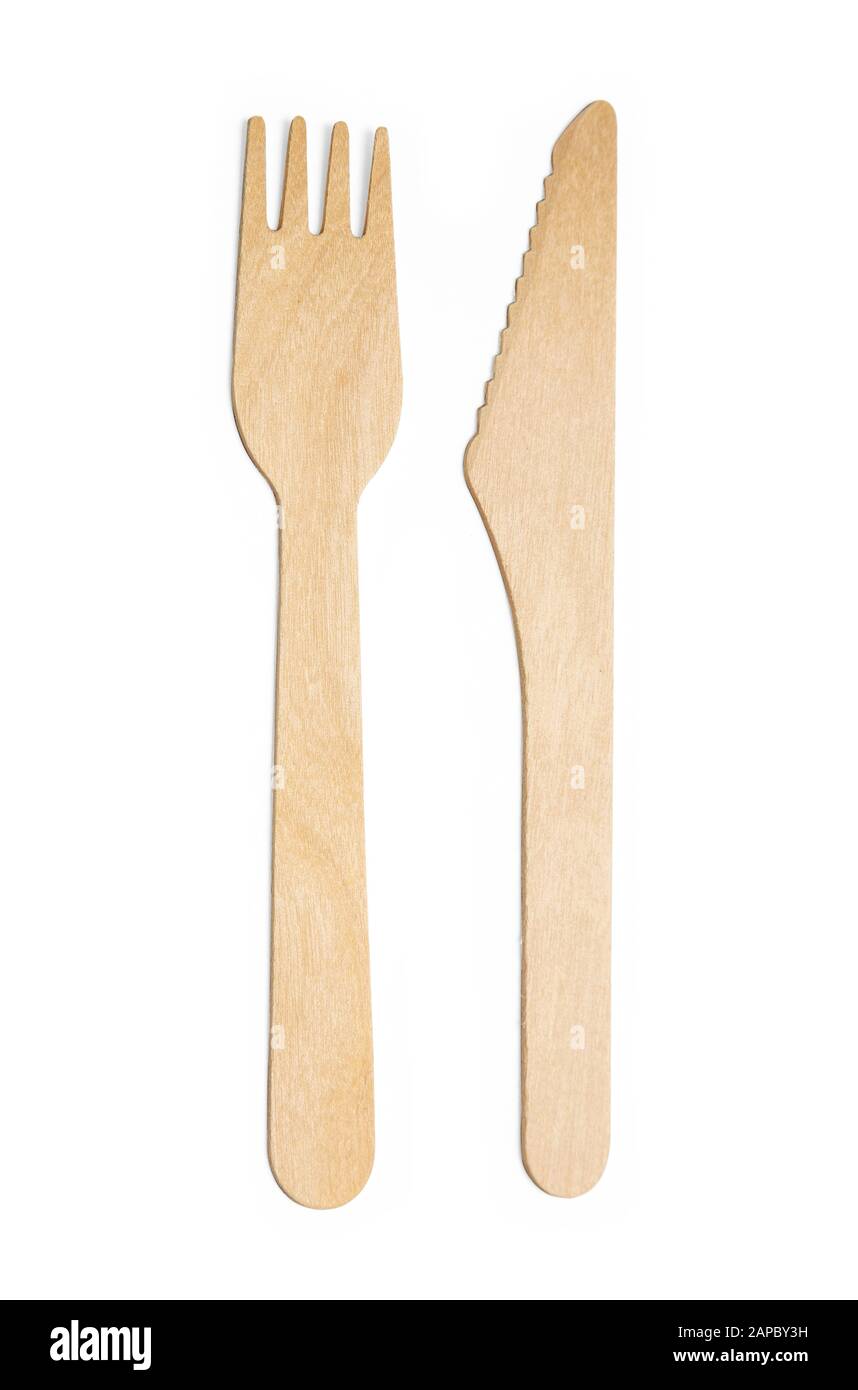 Wooden knife and fork isolated on white background with clipping path ...