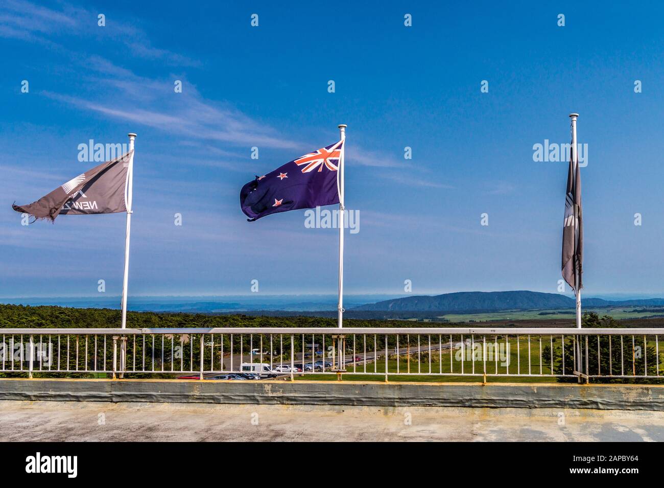 New Zealand and fern flags on the balcony of Chateau Tongariro Hotel ...