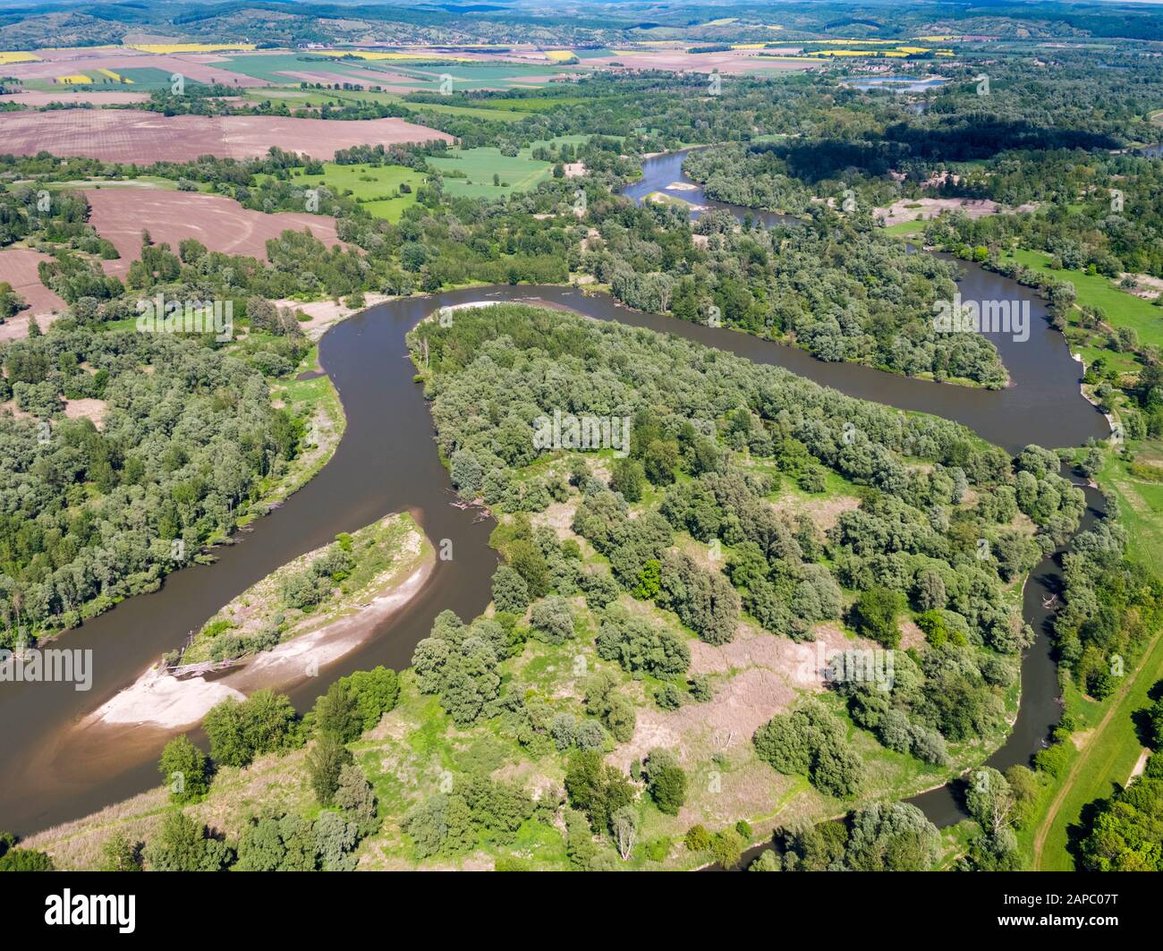 The aerial view of the Mura River in Croatia and Hungary Stock Photo ...