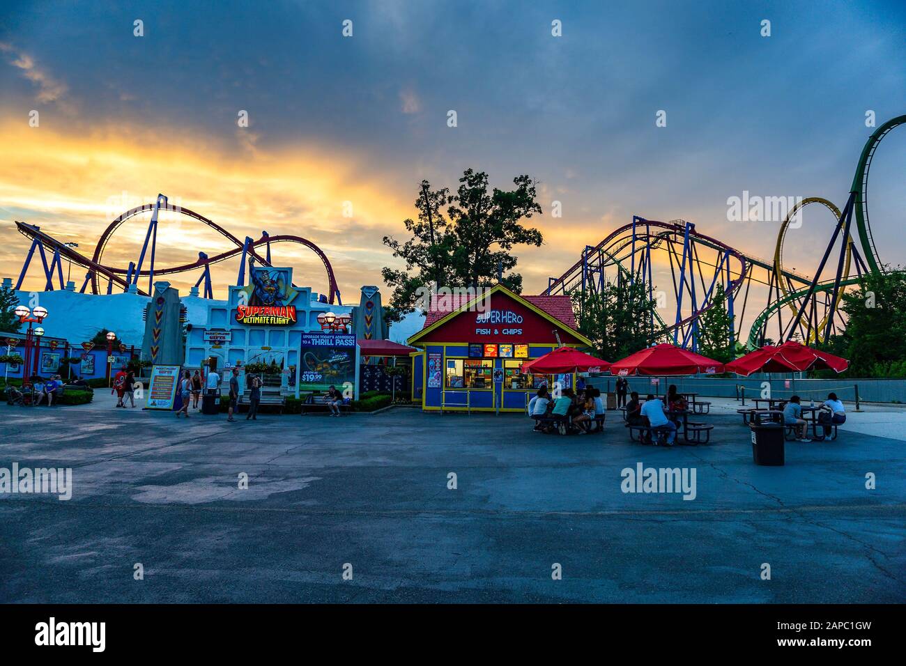 Guests having fun at Six Flags Great Adventure a famous amusement park ...