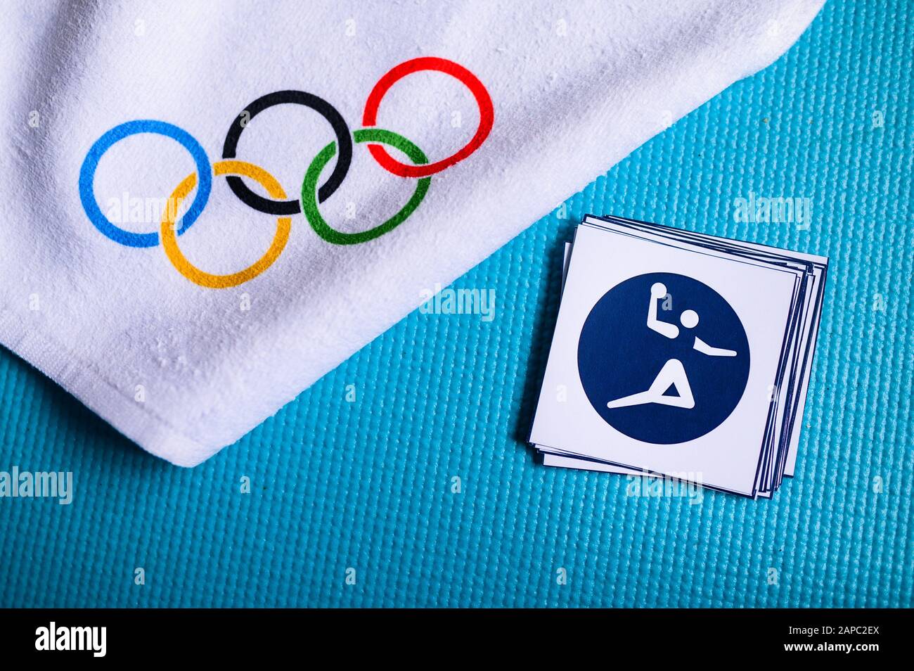 TOKYO, JAPAN, JANUARY. 20. 2020: Handball pictogram and olympic rings ...
