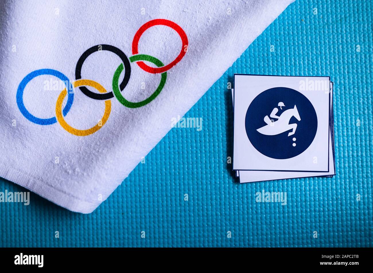 TOKYO, JAPAN, JANUARY. 20. 2020: Equestrian Jumping pictogram and ...