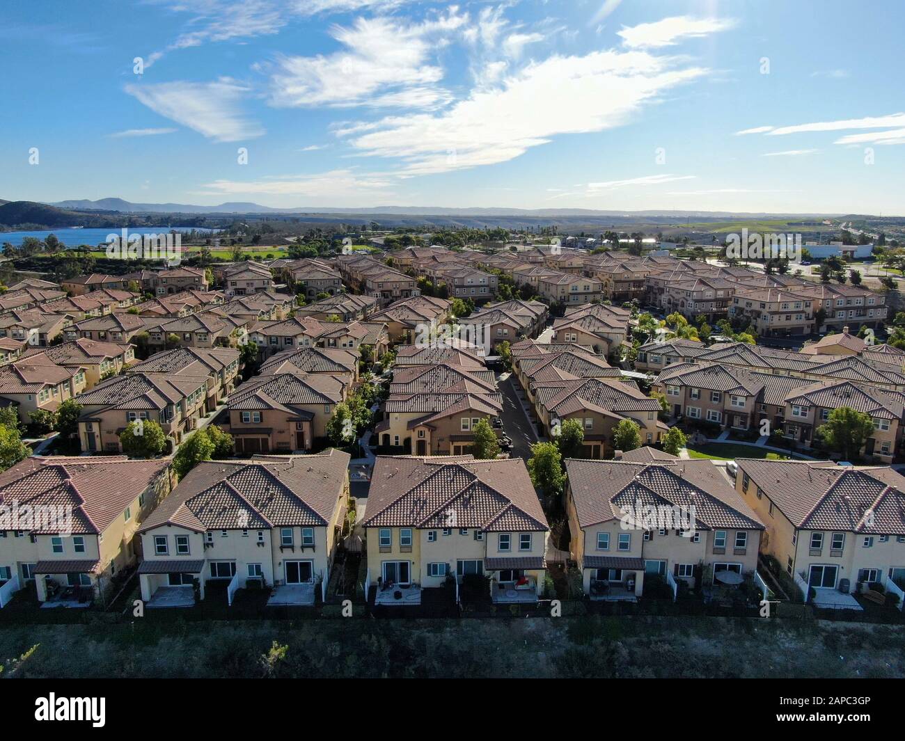 Aerial view of upper middle class neighborhood with identical ...
