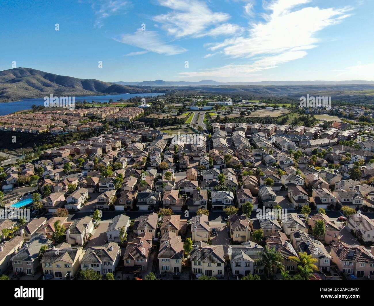 Aerial view of upper middle class neighborhood with identical ...