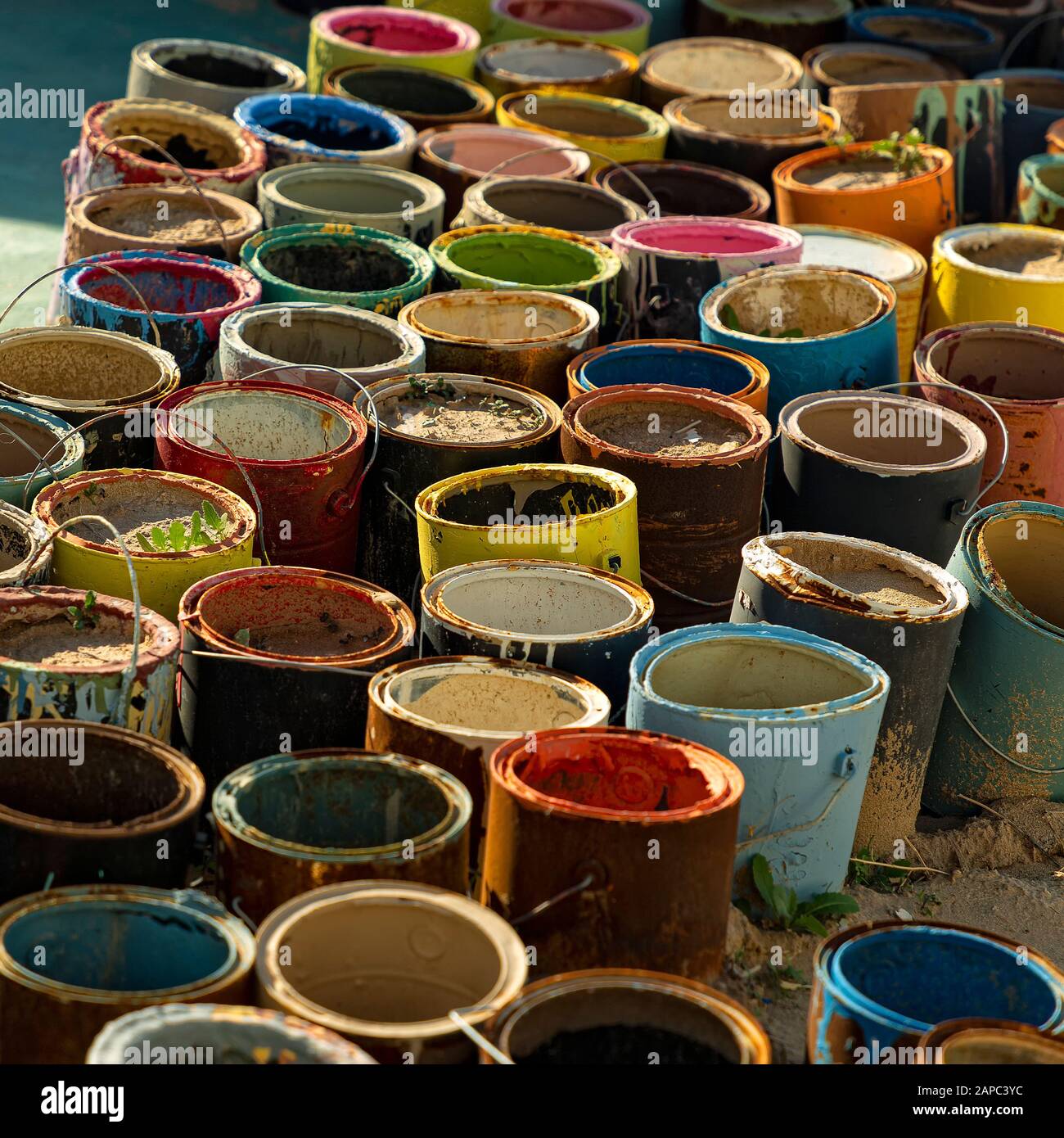 View Of Multi Colored Paint Cans Stock Photo - Alamy