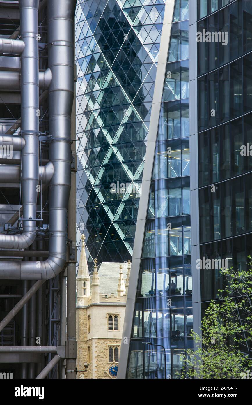 The Lloyd's building, Gherkin and St. Andrew Undershaft church with ...