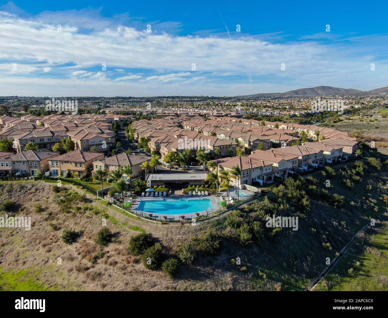Aerial view of middle class neighborhood with identical residential ...