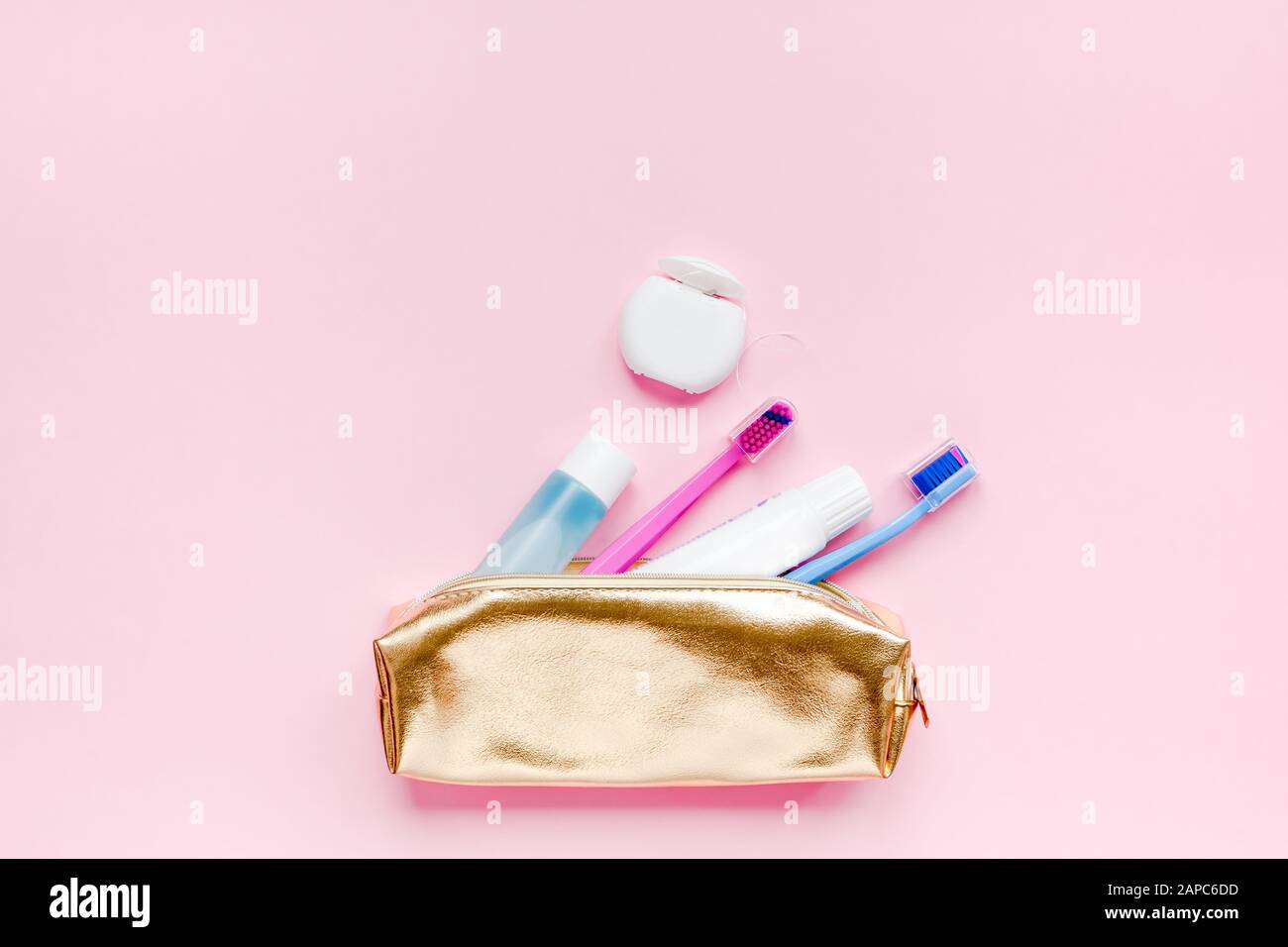 Teeth hygiene and oral dental care products in golden travel cosmetic ...