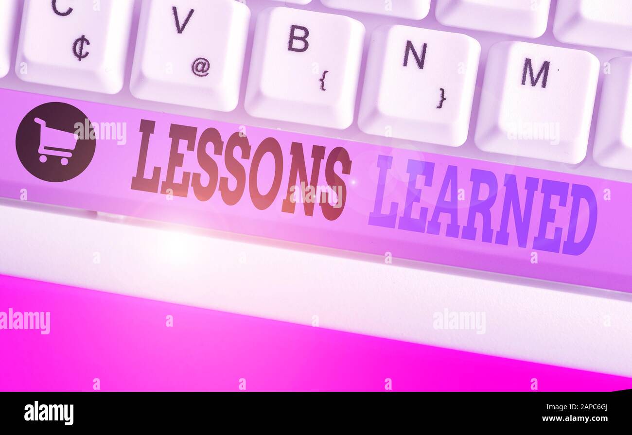 Writing note showing Lessons Learned. Business concept for the knowledge or understanding gained ...