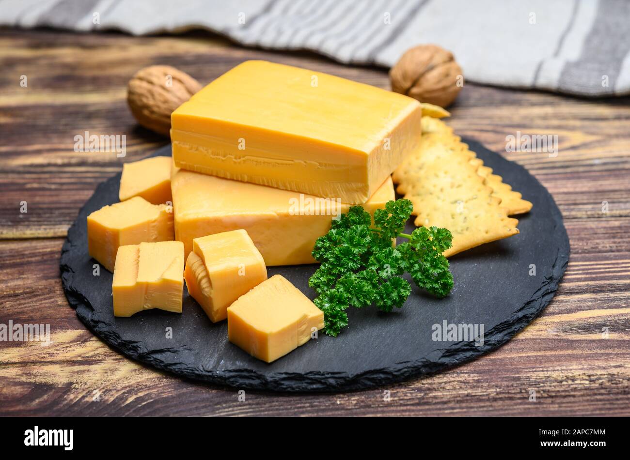 British yellow Chester creme cheese made from cow milk close up Stock ...