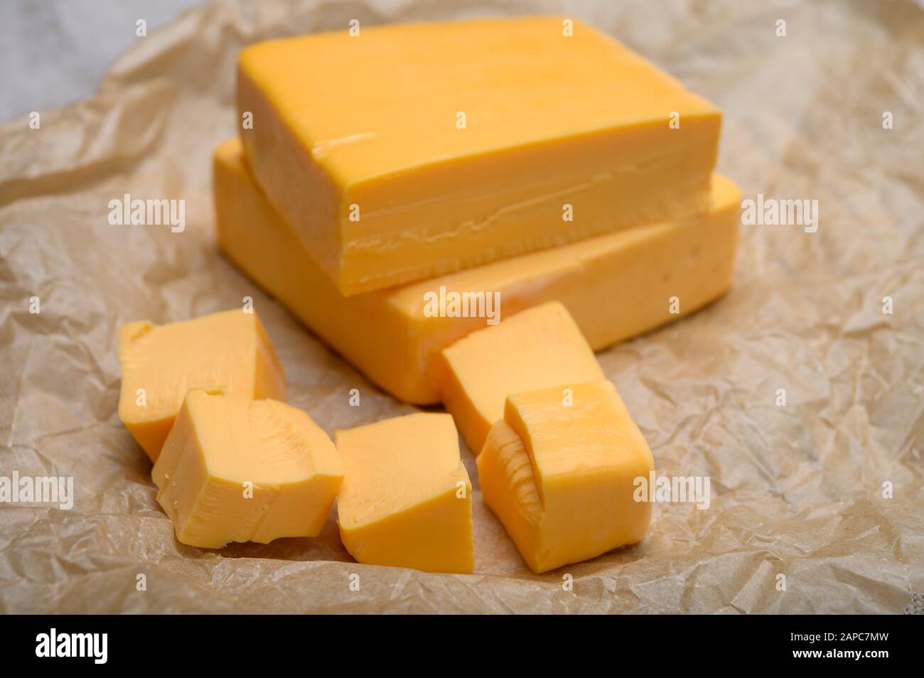 British yellow Chester creme cheese made from cow milk close up Stock ...