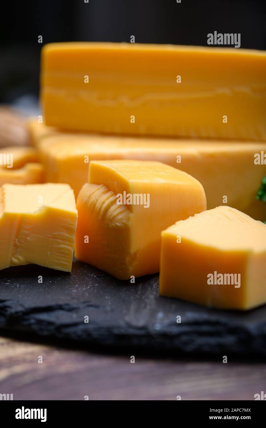 British yellow Chester creme cheese made from cow milk close up Stock ...