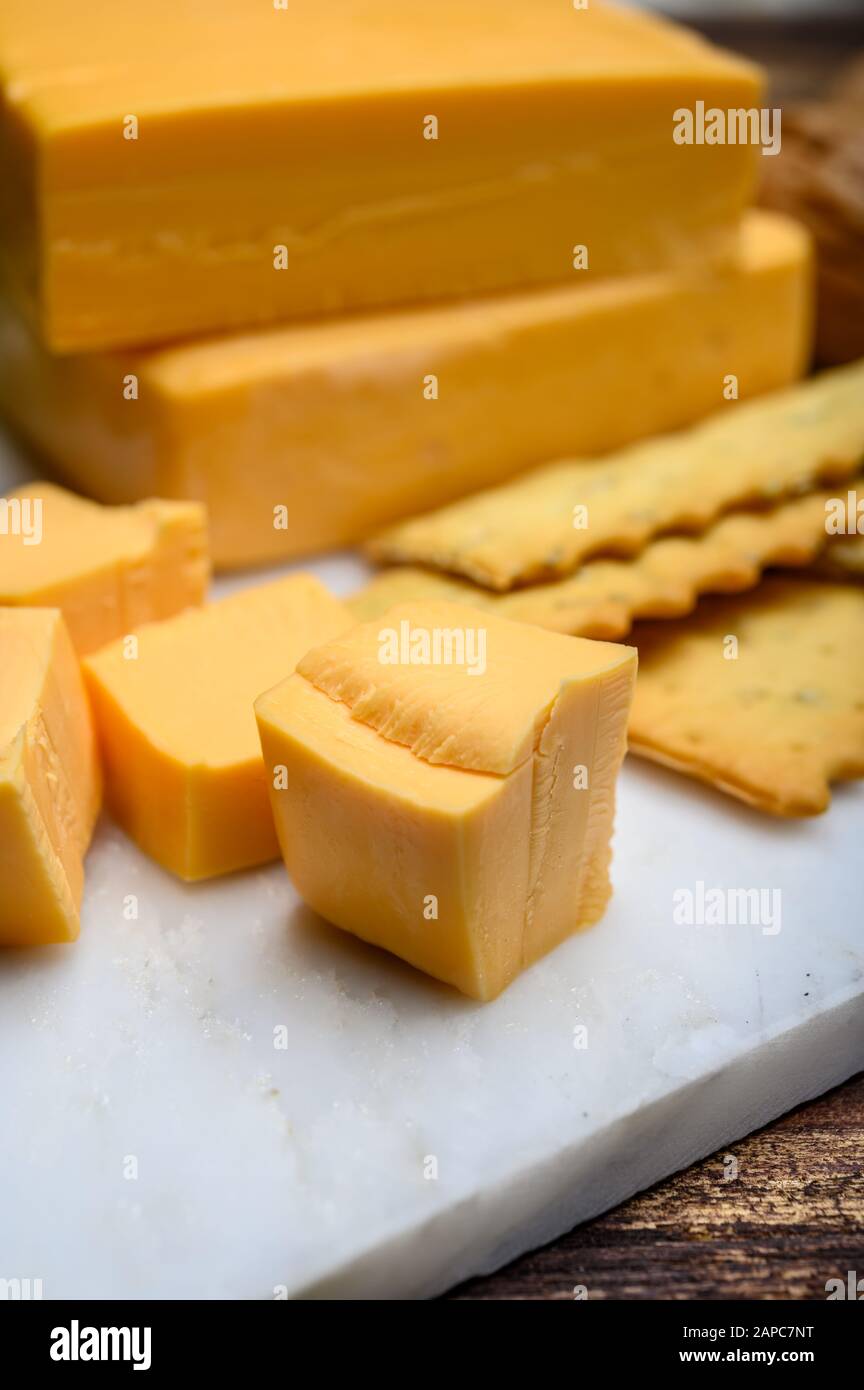 British yellow Chester creme cheese made from cow milk close up Stock ...