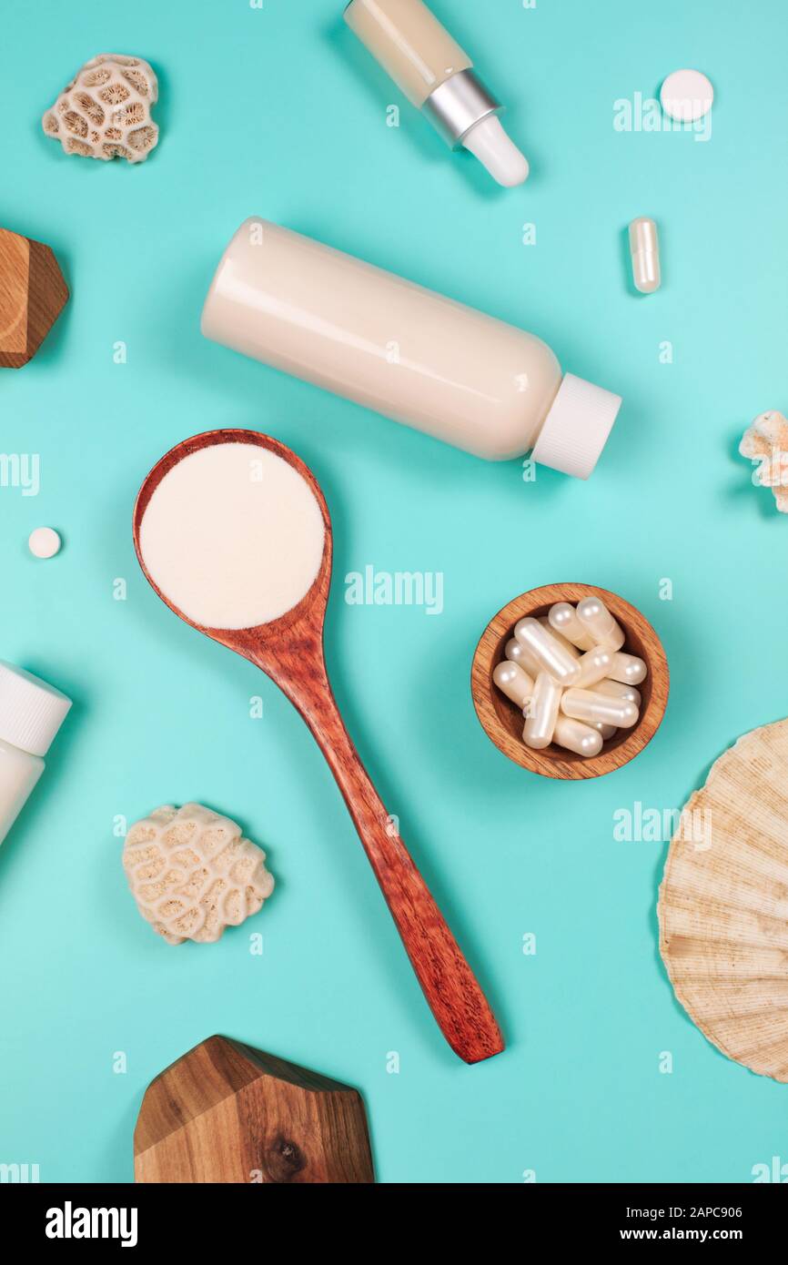 Different types of collagen. Powder, capsules, tablets and fluid Stock ...