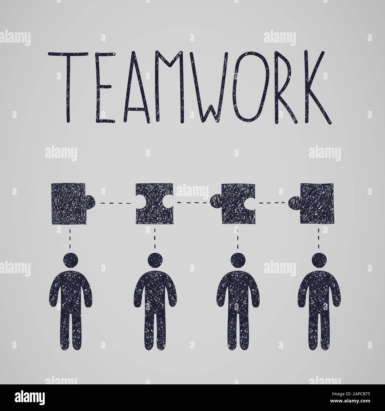 Group of creative people with puzzles above and teamwork lettering ...