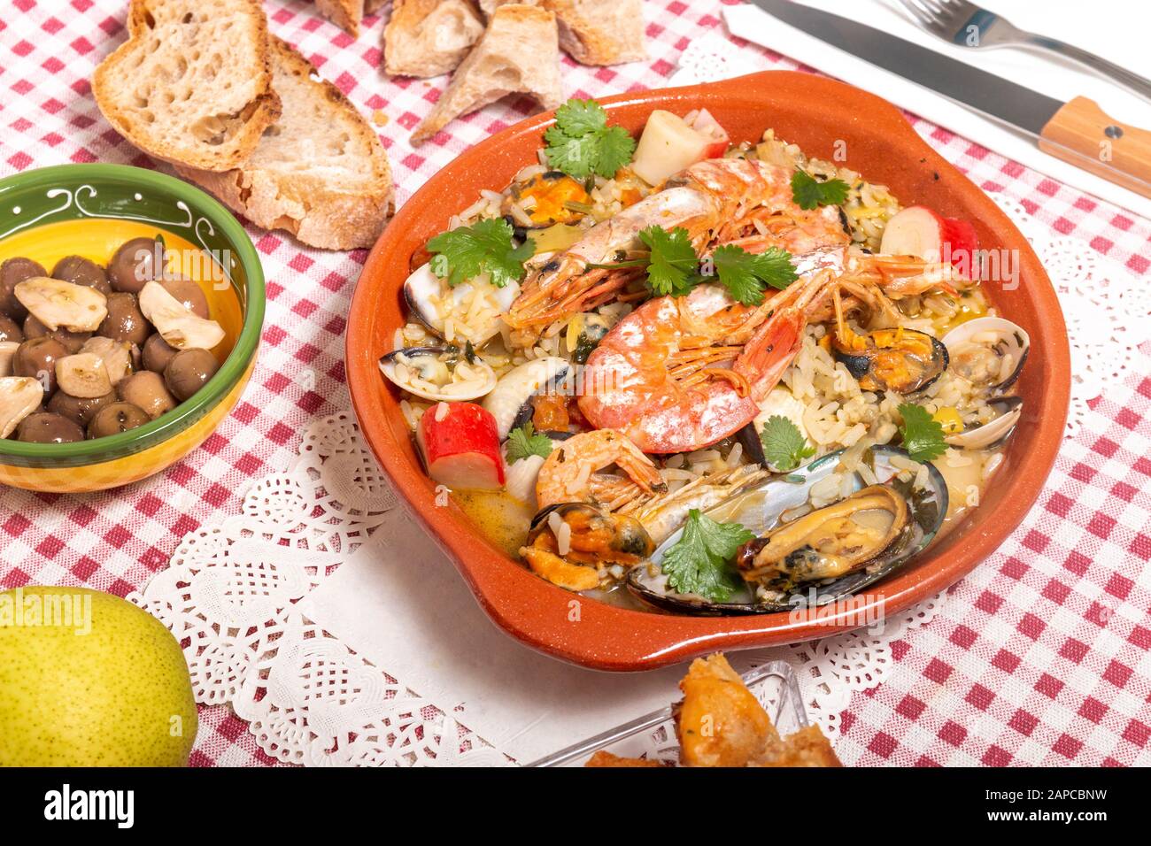 Traditional homemade meal of rice with fresh seafood of the Algarve ...