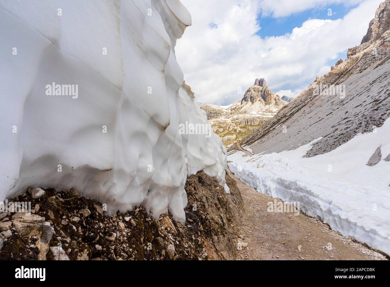 A mountain trail in the Dolomites. Around the Tre Cime di Lavaredo ...