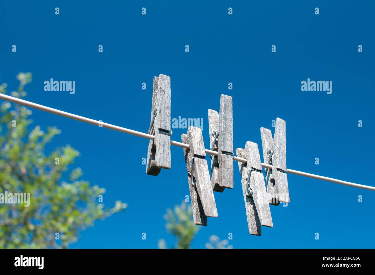 Weathered wooden laundry clamps hanging on a string on blue sky ...
