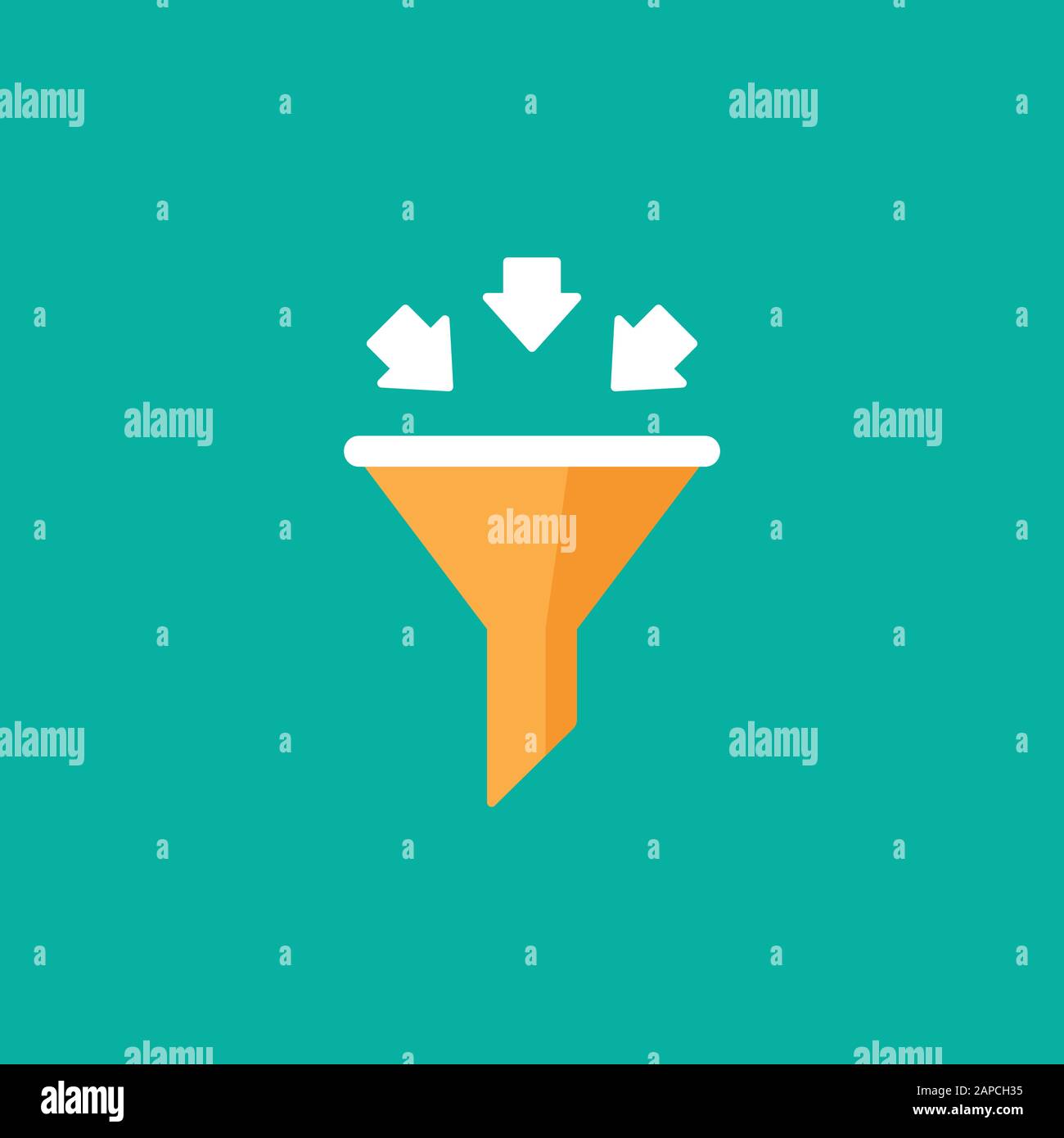 orange data filter with white arrows. Flat data funnel icon. isolated ...