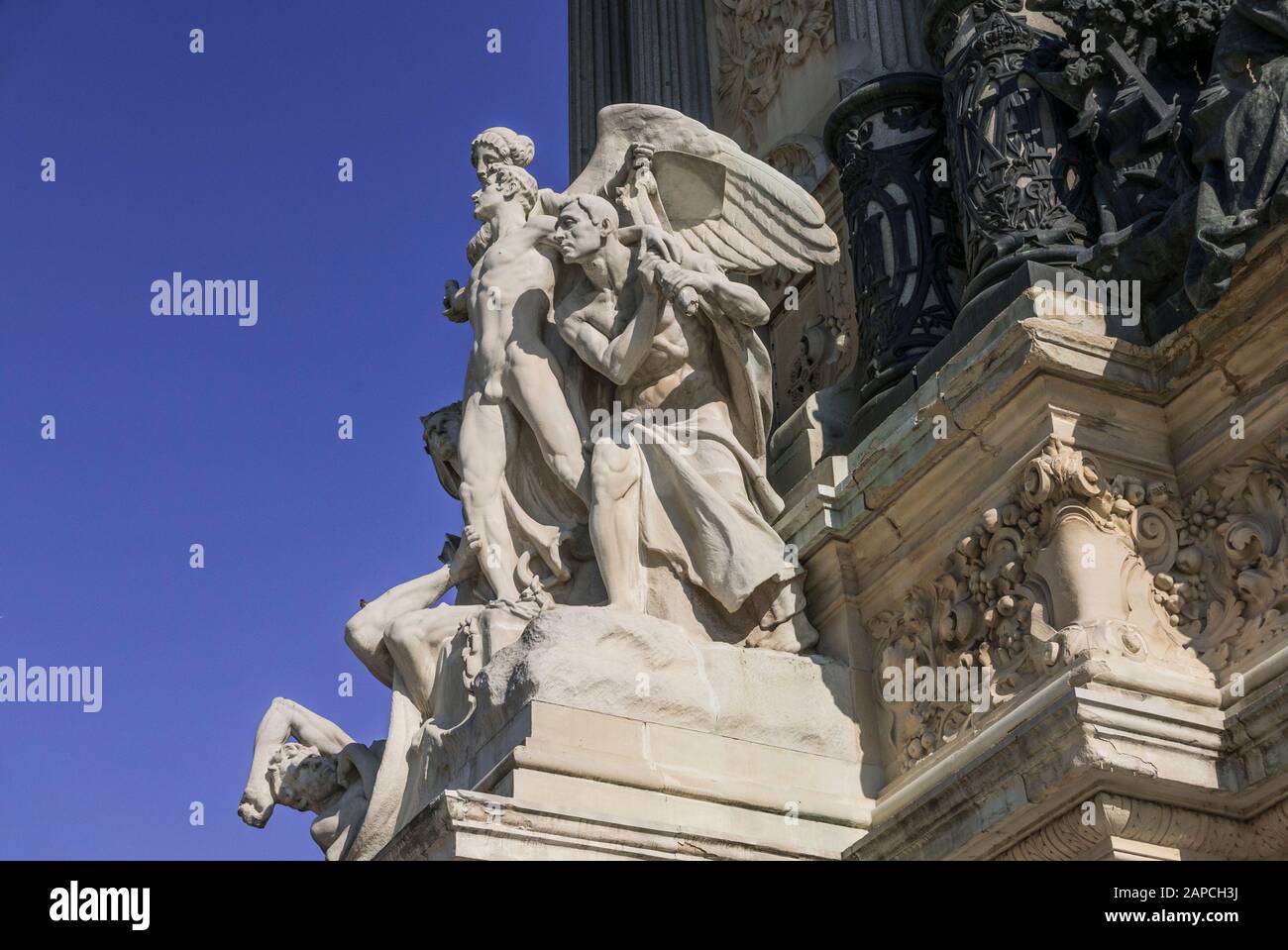 A angel sculpture at King Alfonso XII memorial in Retiro Park in Madrid ...