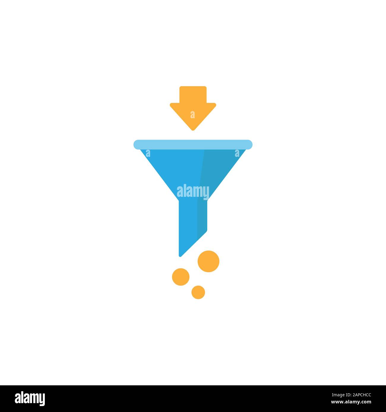 blue data filter with yellow arrow. Flat data funnel icon. isolated on ...