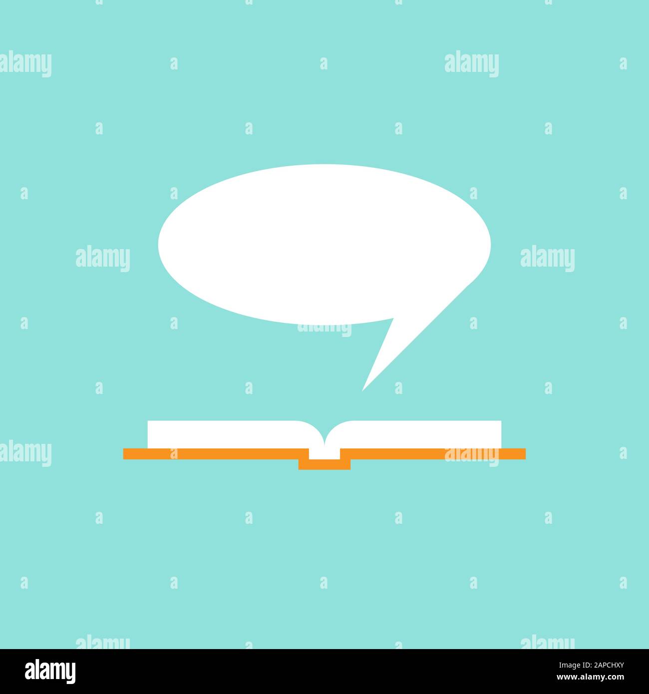 Open book with red book cover and white speech bubble flying out ...