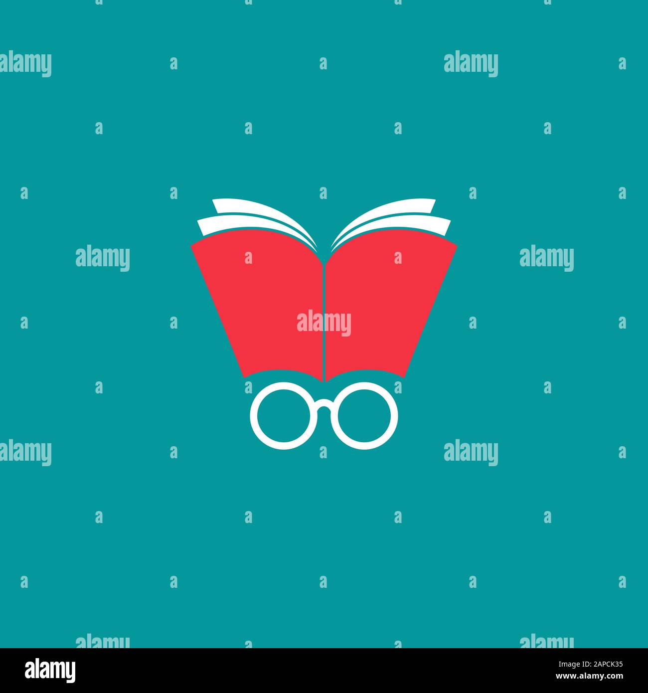 Opened book with red book cover and round red glasses on blue ...