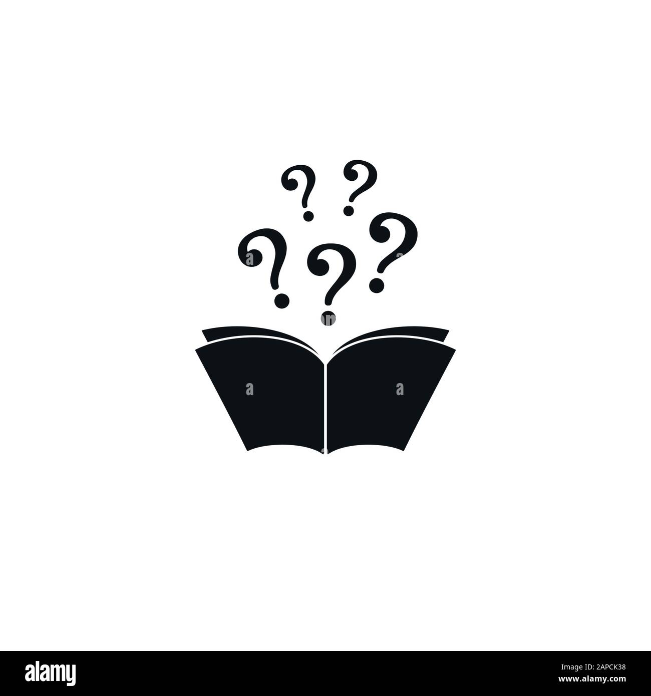 Open black book with black question marks flying out. Isolated on white background. Flat vector ...