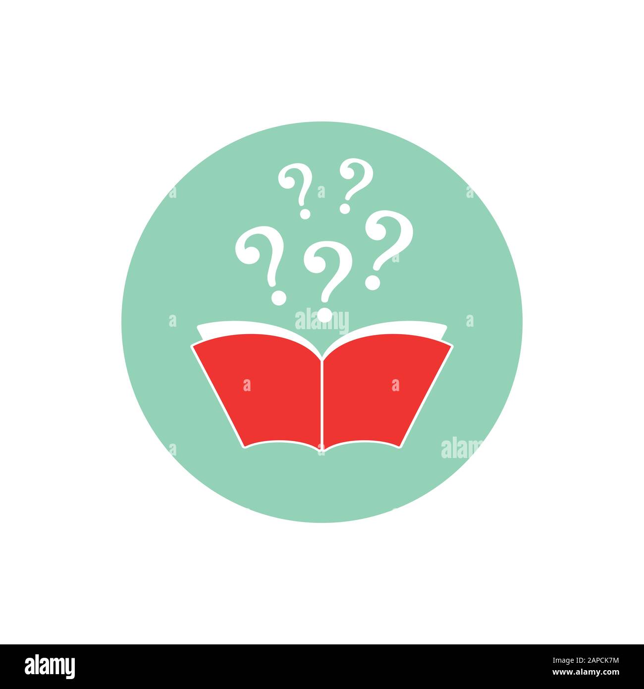 red open book with white question marks flying out in turquoise circle. Isolated on white ...