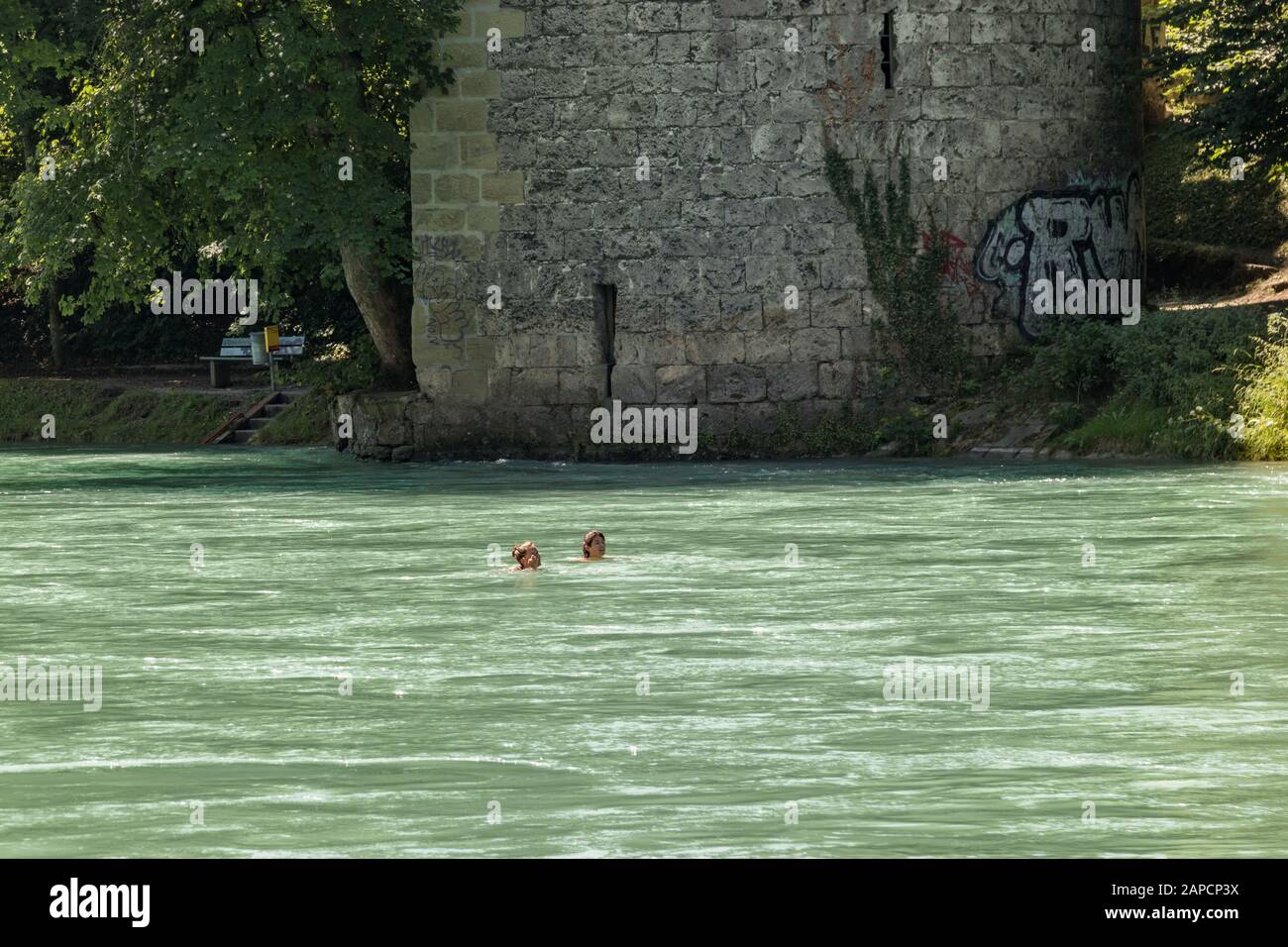 Bern, Switzerland - July 30, 2019: View of Aare river at sunny summer ...