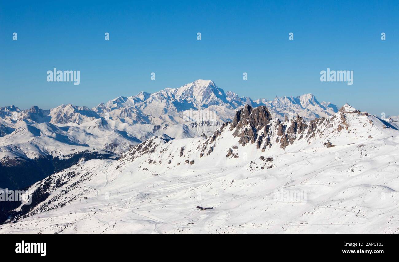 Mont blanc sunset view with slopes of meribel snowy mountain from Mont ...