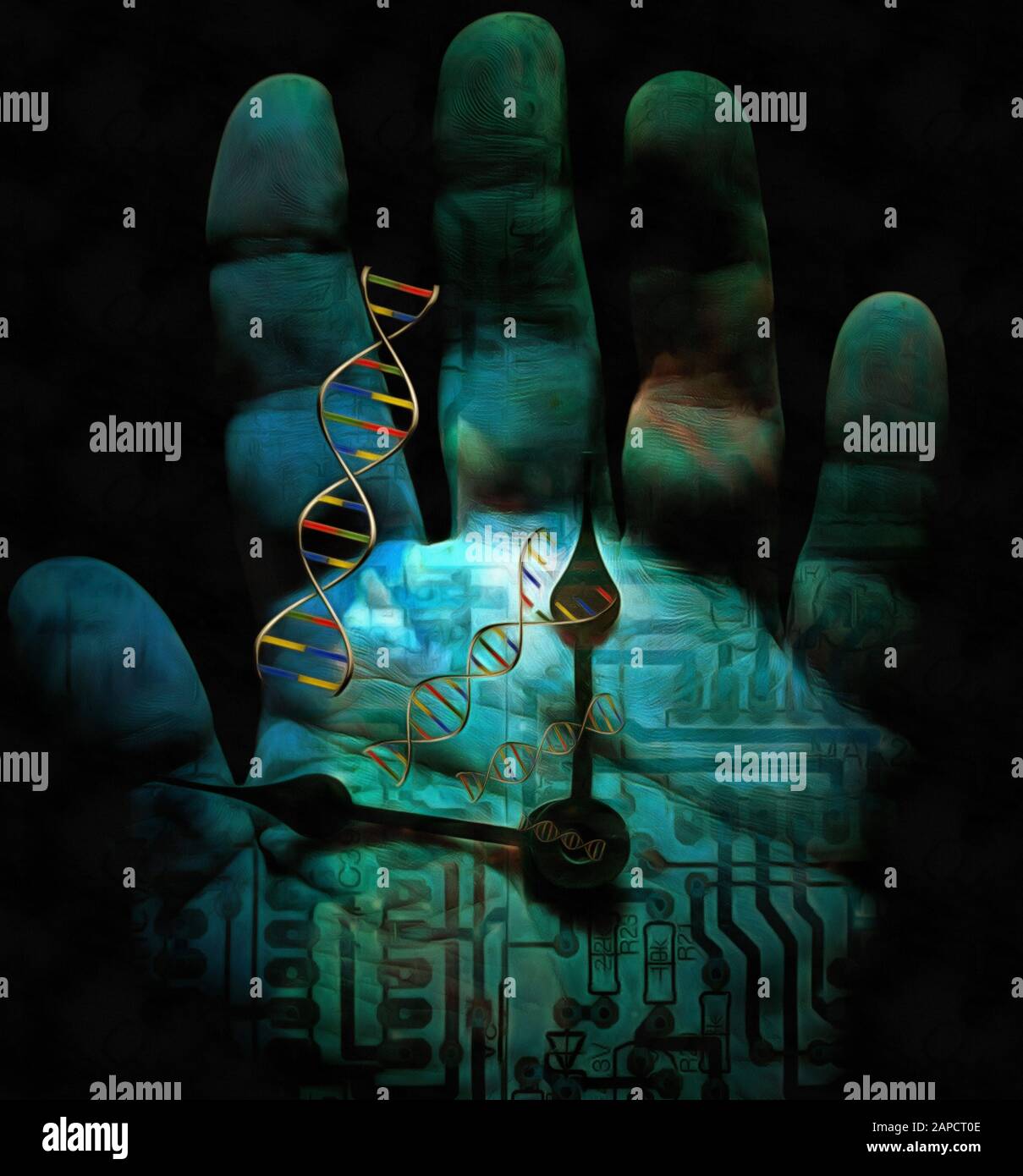 Time machine. Human's palm with clock hands and DNA chains. Electronic ...