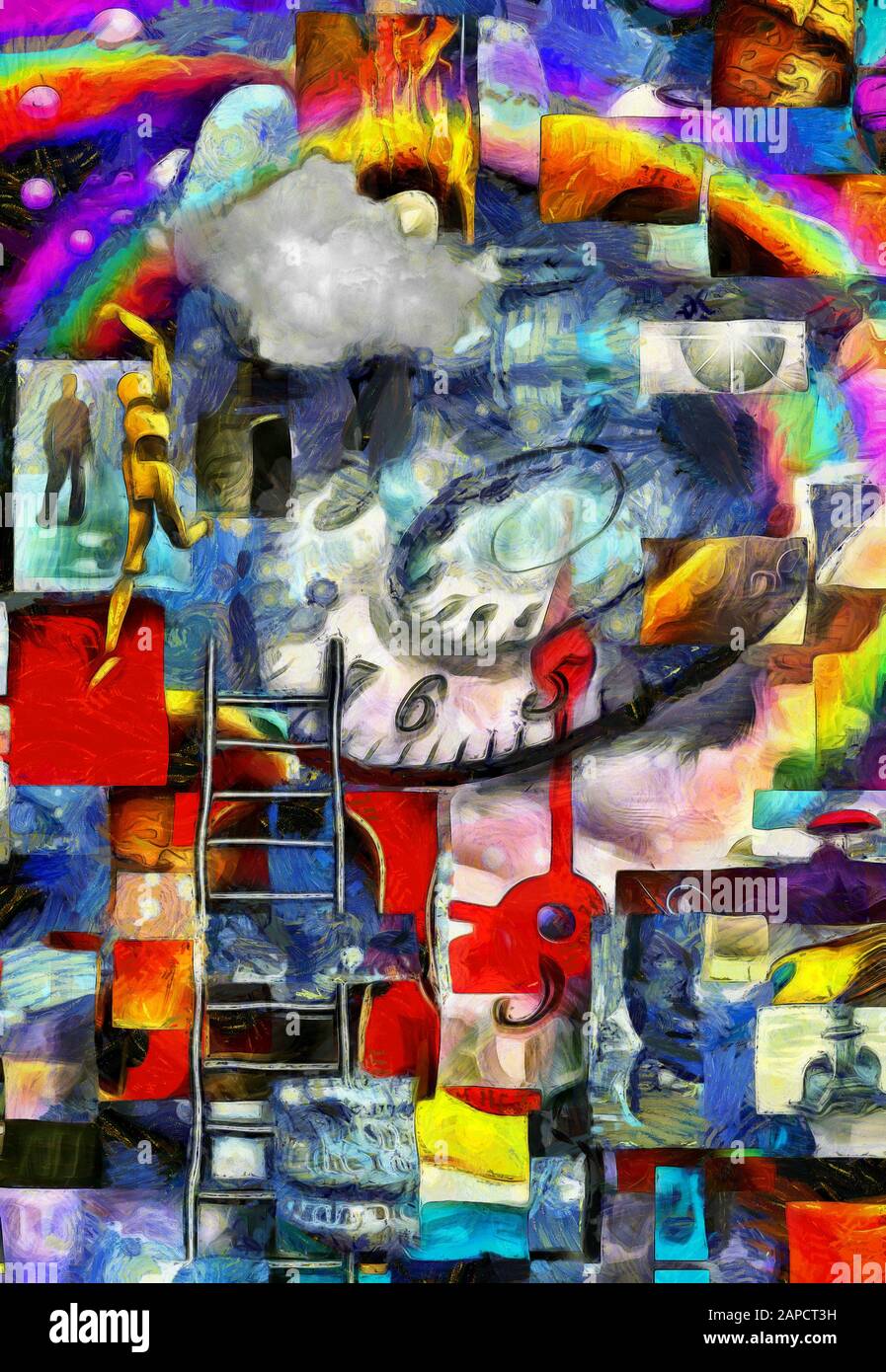 Complex surreal painting. Geometric elements, spiral of time, flames of ...