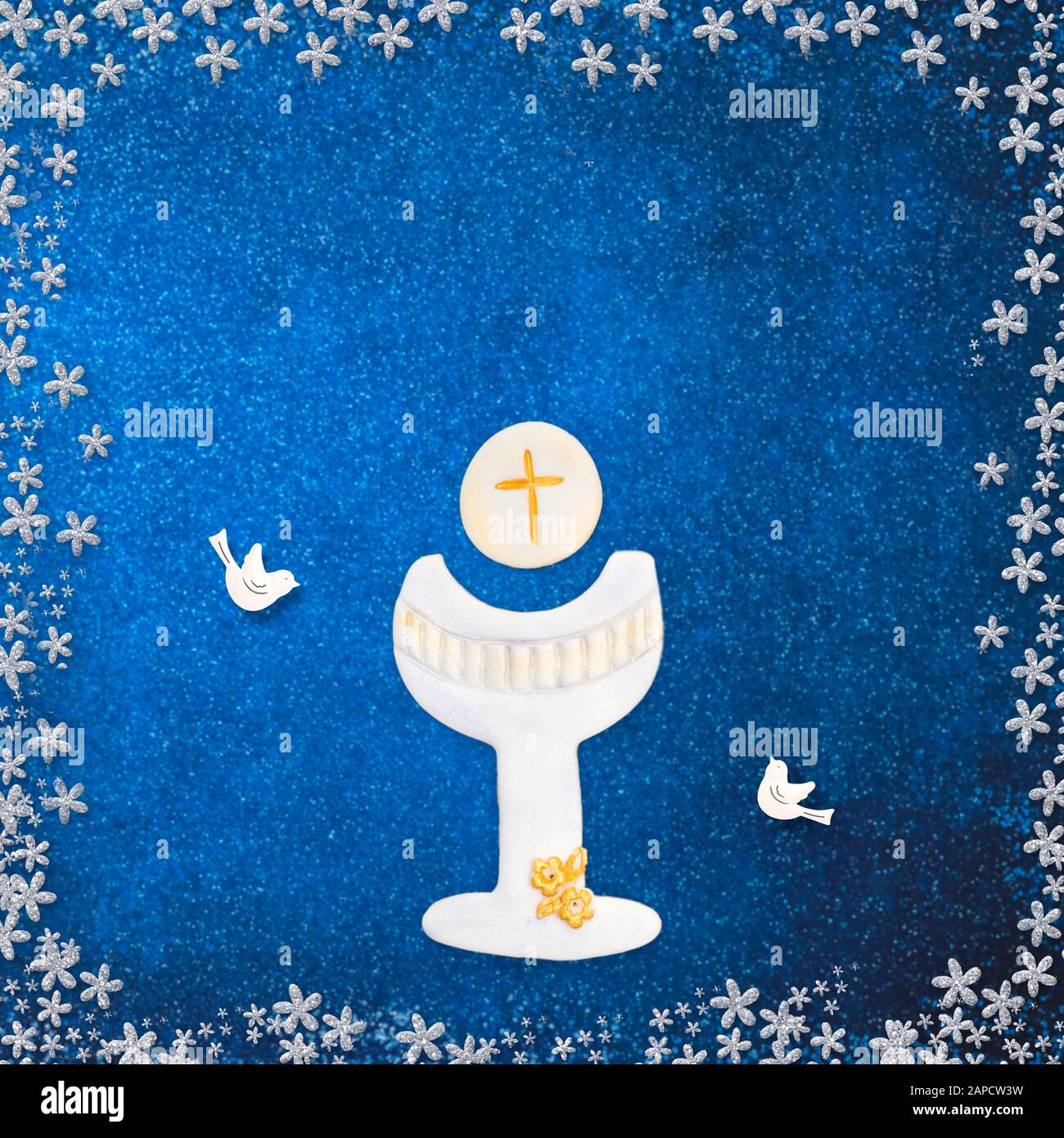 First holy communion invitation card.White chalice and doves on blue ...